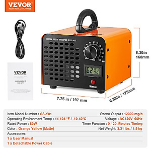 VEVOR Ozone Generator, 12000mg/h Ozone Machine, High Capacity Commercial/Industrial Ozone Generator Machine with 0-120 min Time Setting for Rooms, Cars
