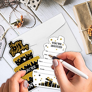 REWIDPARTY Black Gold Birthday Party Invitations with Envelopes & Stickers（Set of 15） Birthday Cake Shaped Fill-in Invitations Happy Birthday Invites Cards Birthday Party Supplies for Kids Adults