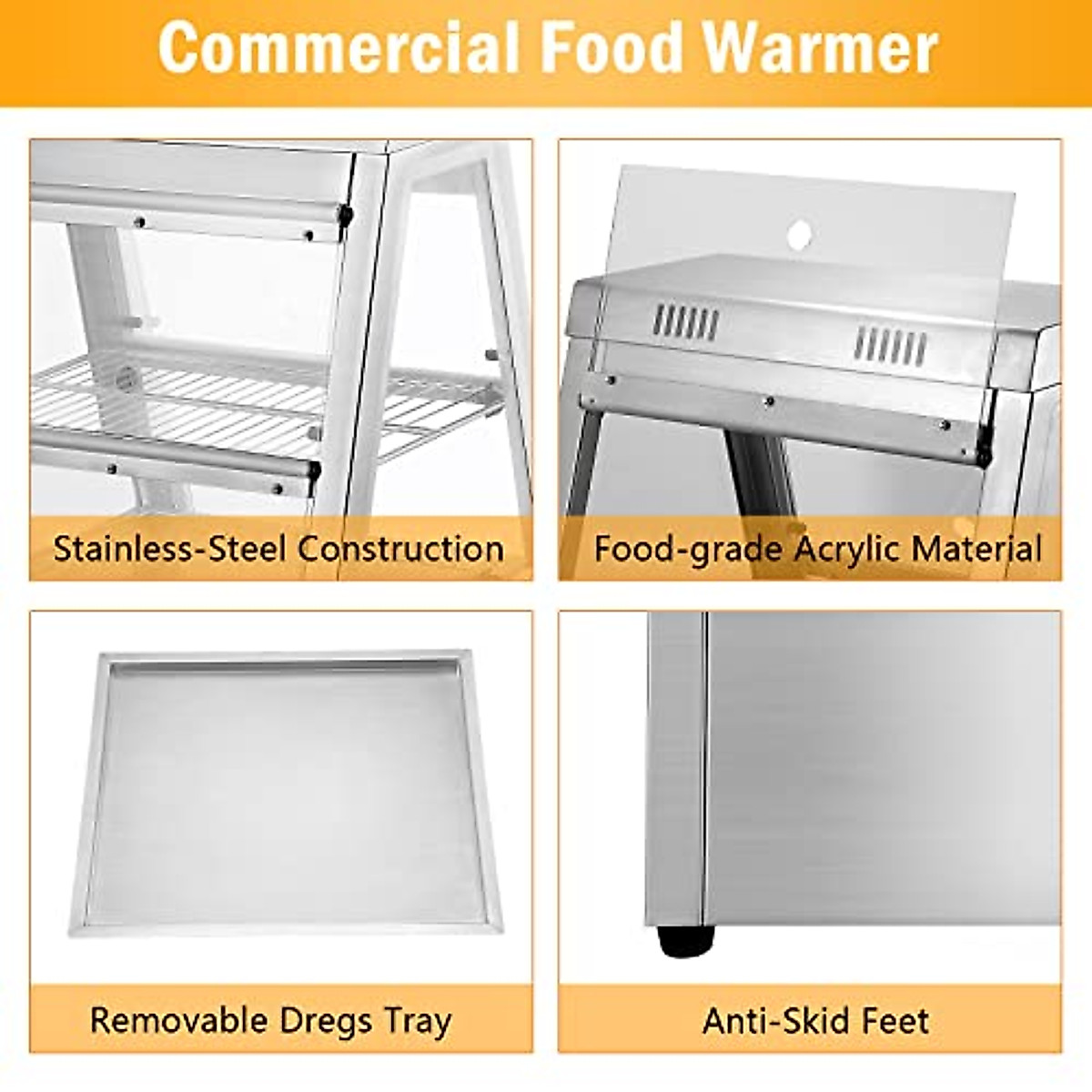 WSSEY Commercial Food Warmer Display, Countertop Pizza Warmers Display Pastry Patty Warmer,Stainless Steel Heated Cabinetsuitable for Restaurants,2-Tier 110V