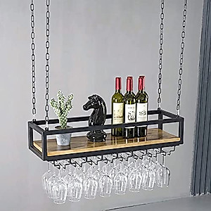 Ceiling Wine Glass Rack - Hanging Wine Rack with Glass Holder and Shelf, Height Adjustable Industrial Hanging Wine Bottle Holder, Black Metal Ceiling Shelf for Bar Cafe Kitchen (47.2×9.8×8.6in)