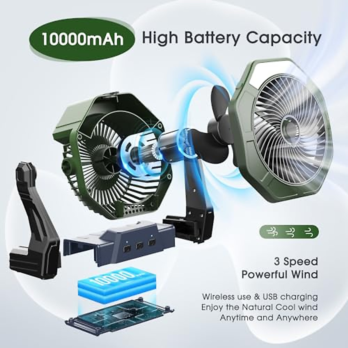 Ausic 10W Misting Solar Fan, 10000mAh Camping Fan Portable with Solar Panel & 250ml Water Tank, 8 Inch Battery Operated Rechargeable Cooling Fan with Hook, Outdoor Tent Fan for Travel (White)