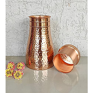 Indian Art Villa Pure Copper Bedroom Water Bottle With Inbuilt Glass & Hammered Shine Design, Drinkware, Storage Purpose, Volume-37 Oz