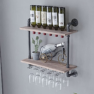 WGX Design For You Industrial Rustic Wall Mounted Wine Racks with Glass Holder Pipe Hanging Wine Rack,2-Tiers Wood Shelf Floating Shelves,Home Room Living Room Kitchen Decor Display Rack (24inch)