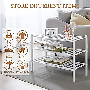 Quiqear Bamboo Shoe Rack, 3 Tier Shoe Rack Organizer, Stackable & Durable Shoe Shelf Holder, Free Standing Shoe Racks, Shoe Storage Organizer for Entryway, Closet, Hallway, 27.2*11*18.3inch (White)