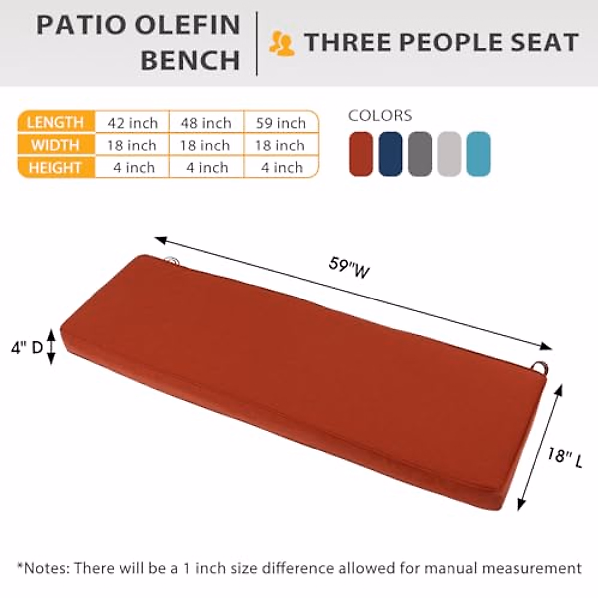 Sundale Outdoor Waterproof Olefin Bench Cushion, 59 x 18 x 4 Inch Outdoor/Indoor Durable Thicken Pad with Adjustable Straps, Patio Garden Sofa Settee Couch Loveseat Cushion (Red)