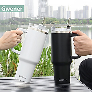 40 oz Tumbler With Handle and Straw Lid, Stainless Steel Insulated Tumblers Travel Mug, for Hot and Cold Beverages Thermos Travel Coffee Mug for Both Men and Women (White)