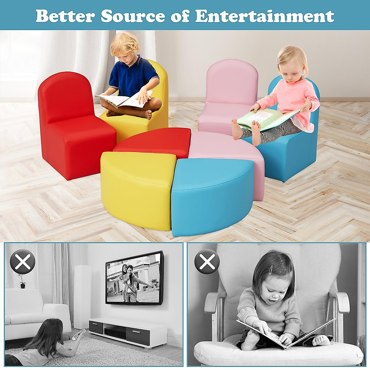 Kinsunny 8 PCs Kids Sofa Seating Set - Colorful Stools Cartoon Leather Chair for Toddlers Soft Foam Play Kids sectional Sofa Chair for Classroom Kindergarten Library Playroom