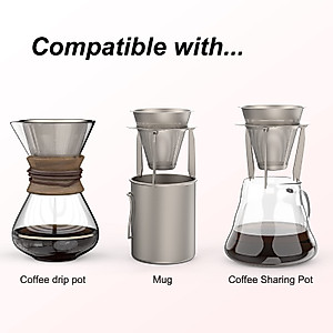 TIANDLIFE Pour Over Coffee Dripper Titanium Slow Drip Coffee Filter Metal Cone Paperless Reusable Single Cup Coffee Maker 1-2 Cup With Non-slip Cup Stand (Titanium Coffee Filter)