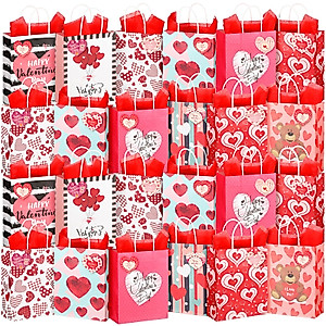 Crtiin 192 Pcs Valentine's Day Paper Gift Bags with Handle Set with Tissue Paper and Stickers Bulk Treats Gift Wrap Bags for Valentines Wedding Party Favor Gift Wrapping Supply, 8.7 x 6.7 x 3.1 Inch