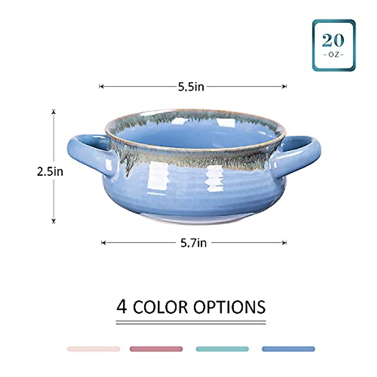 Cutiset 20 Ounce Fancy Glazed Ceramic Soup Bowls with Handles,for French Onion, Soup, Chili, Set of 4