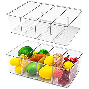 HANSGO Food Storage Organizer Bins, 2PCS Stackable Clear Plastic Organizer Bins with 6 Dividers Removable Pantry Organization and Storage Bins for Cereal Snacks Tea Seasoning