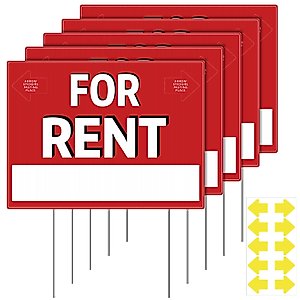 Soaoo 5 Pack 12 x 16 Inch for Rent Sign with Stand Double Sided Yard Sign Stands Corrugated Plastic Lease with Directional Arrow Sticker House Car Rental Supplies