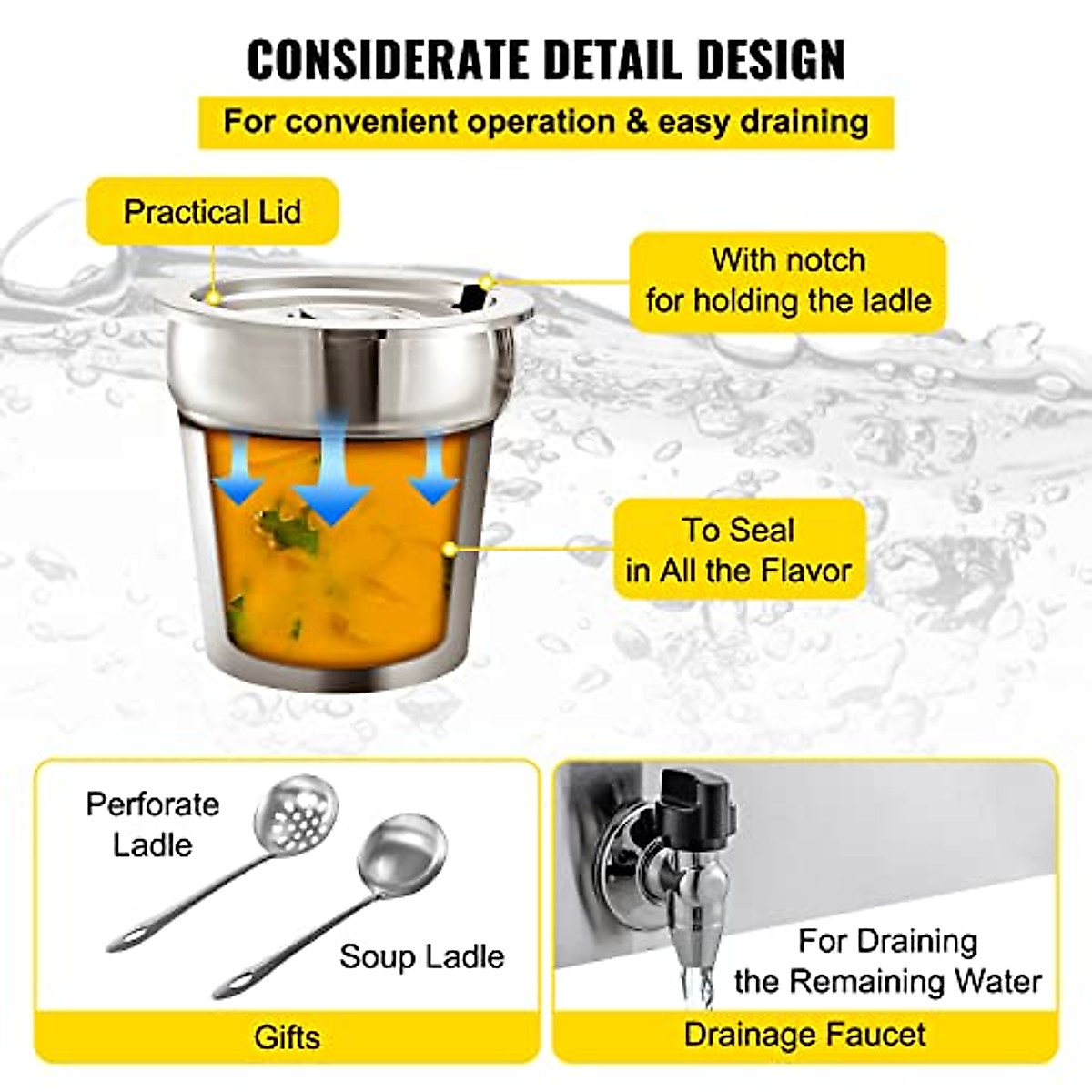 VEVOR 110V Commercial Food Warmer 12.6 Qt Capacity, 800W Electric Soup Warmer Adjustable Temp.86-185℉, Stainless Steel Countertop Soup Pot with Tap, Bain Marie Food Warmer for Cheese/Hot Dog/Rice