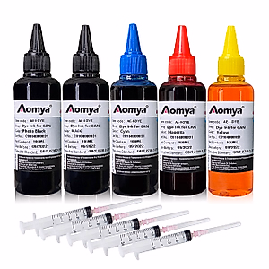 Aomya Ink Refill kit 5x100ml for Canon 250 251 270 271 280 281 1200 2200 PG240 CL241 PG245 CL246 PG210 Refillable Ink Cartridge CIS CISS System with 5 Syringes (PBK, BK, C, M, Y)