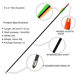 Huntingdoor 28inch/26inch Archery Targeting Arrows Youth Arrows Practice Arrows for Kids Beginner Fiberglass Arrows for Recurve Bow 12 Pack (Black 28inch)