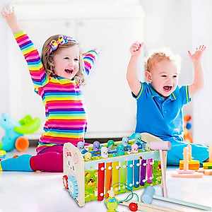 Aomola Wooden Hammering Pounding Toy Bench with Fishing Game, Xylophone, Moving Gears, Clock, Educational Montessori Musical Toys Gifts for Toddlers Kids Baby Boys Girls