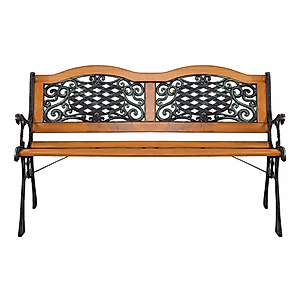 Shyneer 49'' Patio Bench, Outdoor Garden Bench, Cast Iron & Hardwood Structure, Weather Proof Porch Furniture, Perfect for Backyard, Deck, Lawn, Poolside