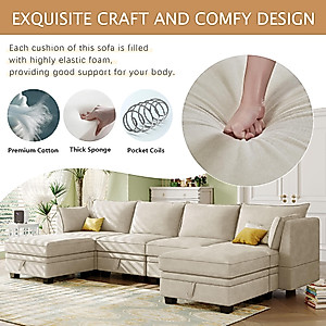 BAMOOLI 115.1'' U Shape Modular Sectional Sofa, Modern Corner Sofa with Reversible Chaise, Oversized Linen Fabirc Sofa with 4 Pillows, 6 Seat Sofa with Storage Space for Living Room, Apartment, Beige