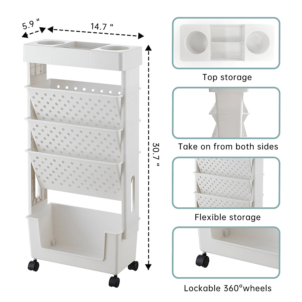 5 Tier Mobile Bookshelf Rolling Book Rack with Wheels, Removable Storage Bookcase Slim Rolling Storage Book Cart for Students Teachers and Adult in School Home Office