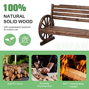 Kinpaw Rustic Wooden Wagon Wheel Bench 3-Person Fir Wood Seat Bench with Backrest for Bench Patio Garden Patio Furniture