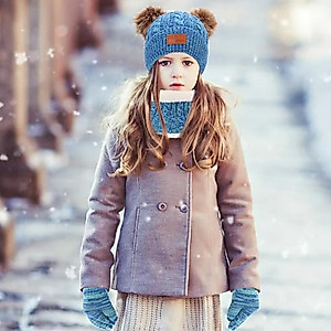 Winter Beanie Hat Scarf Gloves Set for Kids, Winter Warm Set Knitting Cap Neck Warmer Gloves for Girls Boys 2-10 Year (Blue)