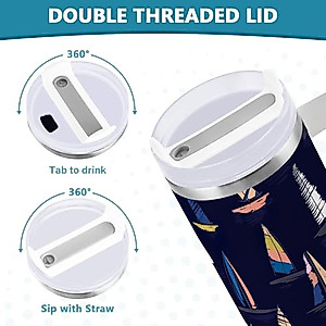 Joisal Hand Drawing Colorful Sailboat Tumbler Cup with Handle and Straw Ice Coffee Cups 40 Oz Stainless Steel Tumbler