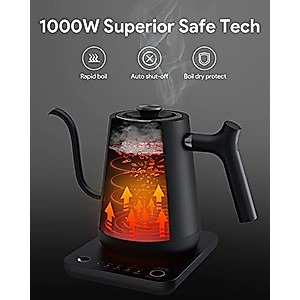 Gooseneck Electric Tea Kettle Pour-Over Kettle for Coffee, with 5 Variable Presets, 100% Stainless Steel Inner, with Keep Warm and Mute Function 0.8L, 1000W Quick Heating, Matte Black