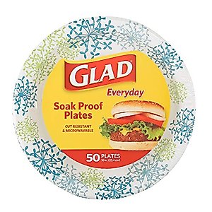 Glad Round Disposable Paper Plates for All Occasions | New & Improved Quality | Soak/ Cut Proof, Microwaveable Heavy Duty | 10" Diameter, 50 Count Bulk Plates