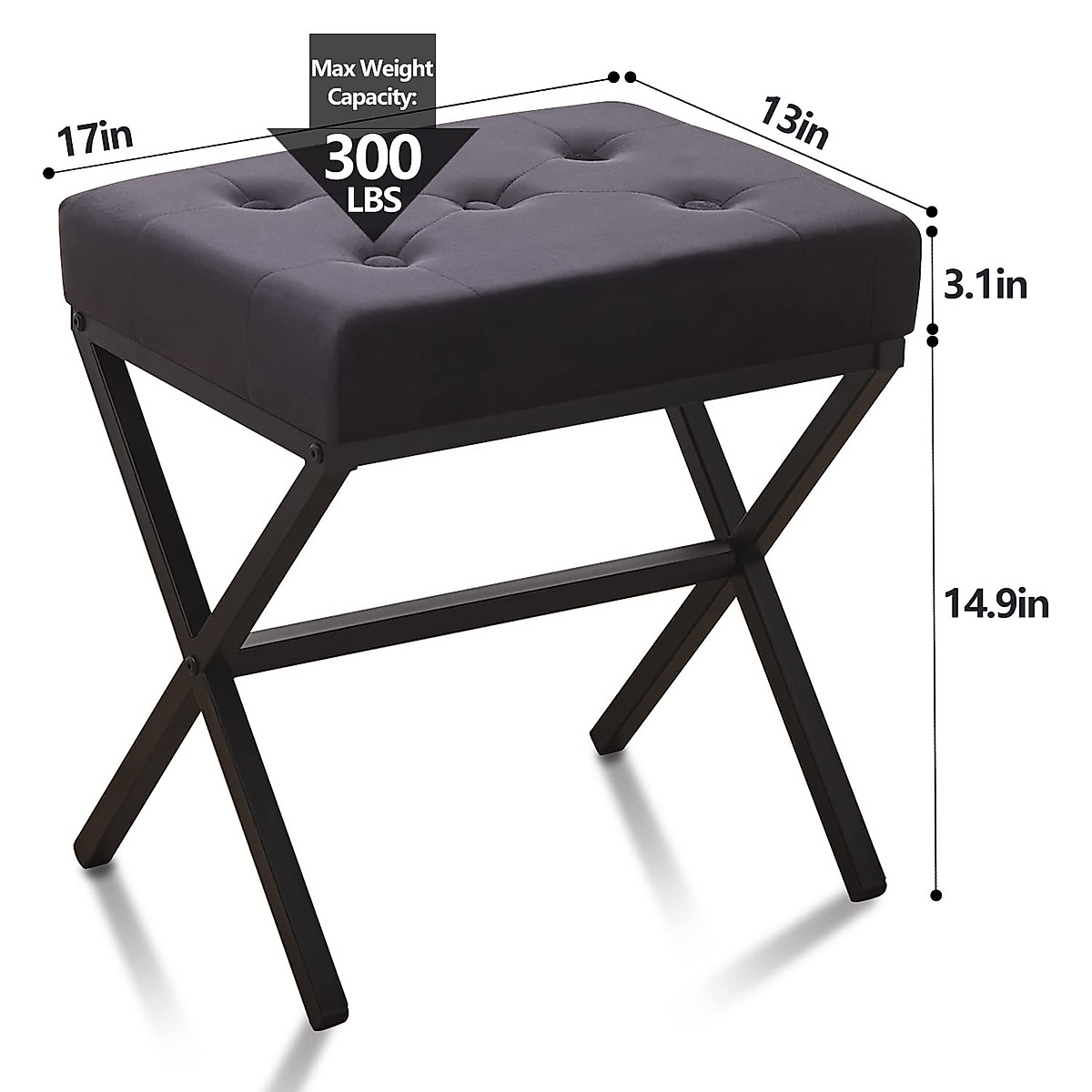 Cpintltr Velvet Ottoman Footrest Stool Tufted Vanity Stool Ottomans Thickened Cushion Footstool Mulifunctional Shoe Changing Seat Step Stools with Metal X Leg for Living Room Bedroom Black
