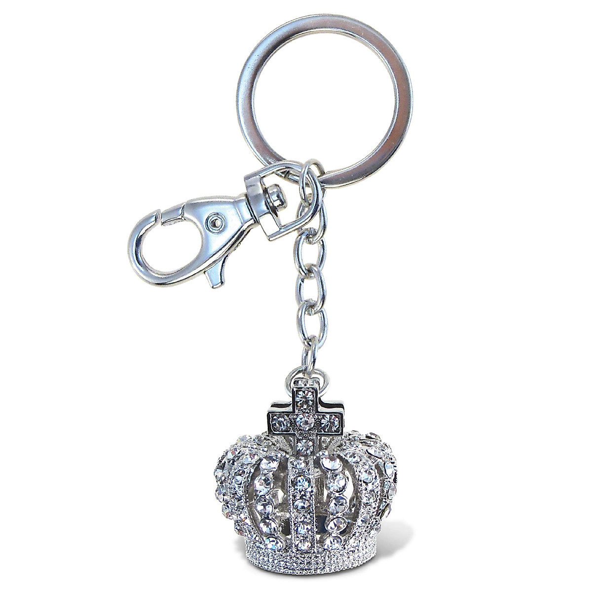Aqua 79 Sparkly Crown Keychain Charm - Silver 3D Rhinestone Keychain for Women and Men, Metal Alloy Crystal Keychain, Fashionable Keychain Accessory, Bling Keychain for Your Crystal Pouch - 1.6 inch