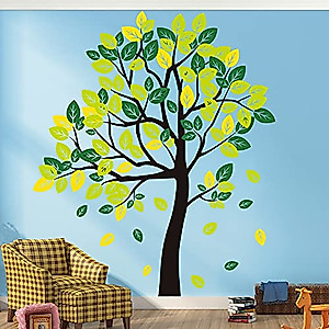RW-2882 Giant Green Tree Wall Decals Big Tree Branches Leaf Wall Stickers DIY Removable Large Leaves Family Phote Art Wallpaper Decor for Kids Women Bedroom Living Room Nursery Office Home Decoration