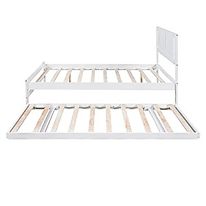 Morhome Full Size Platform Bed with Adjustable Trundle, Wooden Bed Frame with Headboard for Kids Teens Adults