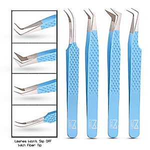M LASH Tweezers for Eyelash Extensions (Set of 4) - Professional Lash Extension Tweezers - Fiber Tip, Japanese Steel, Diamond Grip Eyelash Extension Tweezer (Teal)
