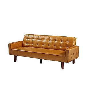 Eafurn 74.41" Faxu Leather Upholstered Futon Bed, Deep Button Tufted Convertible Folding Sleeper Solid Wood Legs, 3 Seater Comfy Soft Sofa & Couches for Living Room Office, Brown PU