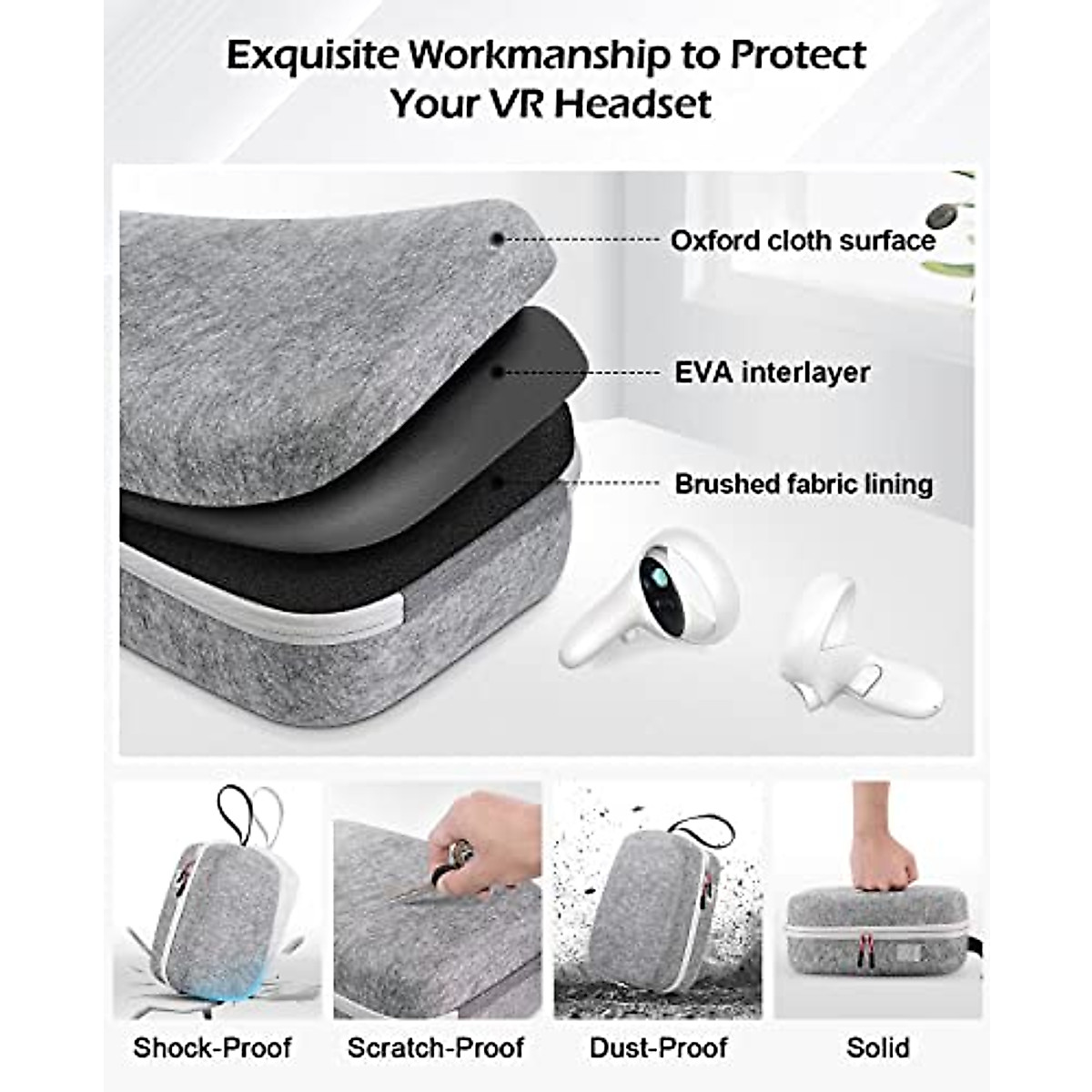 TOENNESEN Hard Carrying Case Compatible with Meta/Oculus Quest 2 VR Headset with Official Elite Battery Strap and Touch Controllers Accessories, Lightweight for Travel and Home Storage(Grey)
