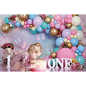 First Birthday Backdrop for Girl Pink Purple Balloon Backdrops for Photography Cake Smash Background for Baby Girl Flowers Butterfly Kids1st Birthday Banner Decorations 7x5ft