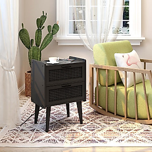 HHETOGOL Small Black Nightstand with Charging Station & 2 Rattan-Like Decor Drawers,Small End Table with Solid Wood Feet for Small Bedroom, Living Room, Natural, TTBZ02BKE