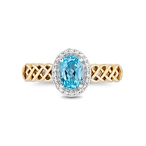 Jewelili Enchanted Disney Fine Jewelry Sterling Silver and 10K Yellow Gold with 1/10 CTTW Diamond and Swiss Blue Topaz Brave 10th Anniversary Collectors Merida Halo Ring