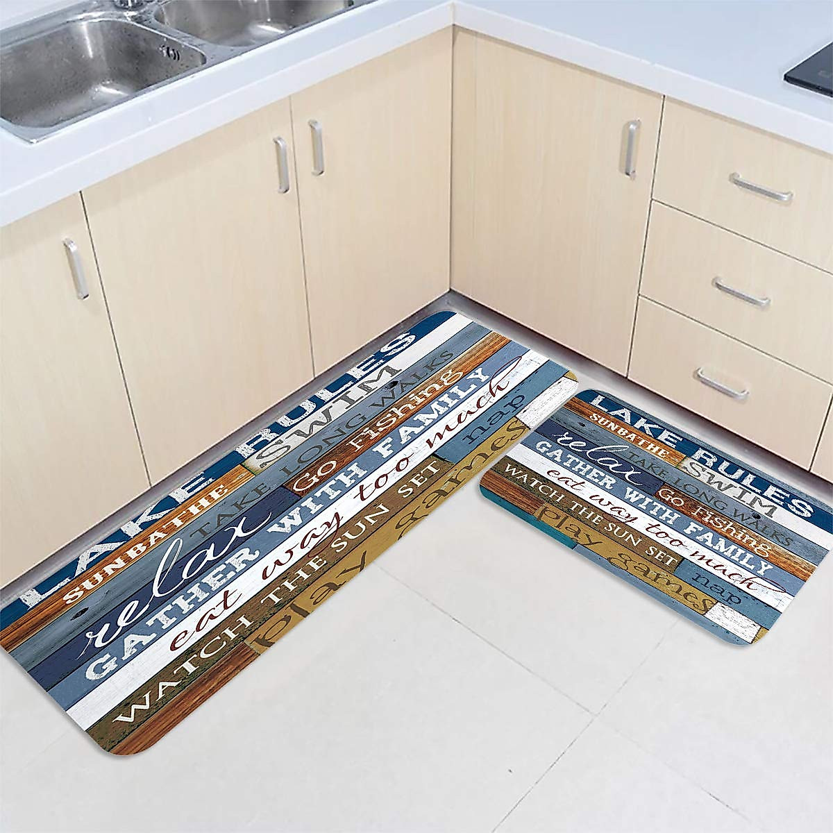 Wood Plank Characters Kitchen Rug Set Kitchen Mats Cushioned Anti Fatigue Vintage Wooden Lake Rules Mats for Standing Waterproof Microfiber Easy to Clean 2 Pieces 23.6x35.4inch+23.6x70.9inch