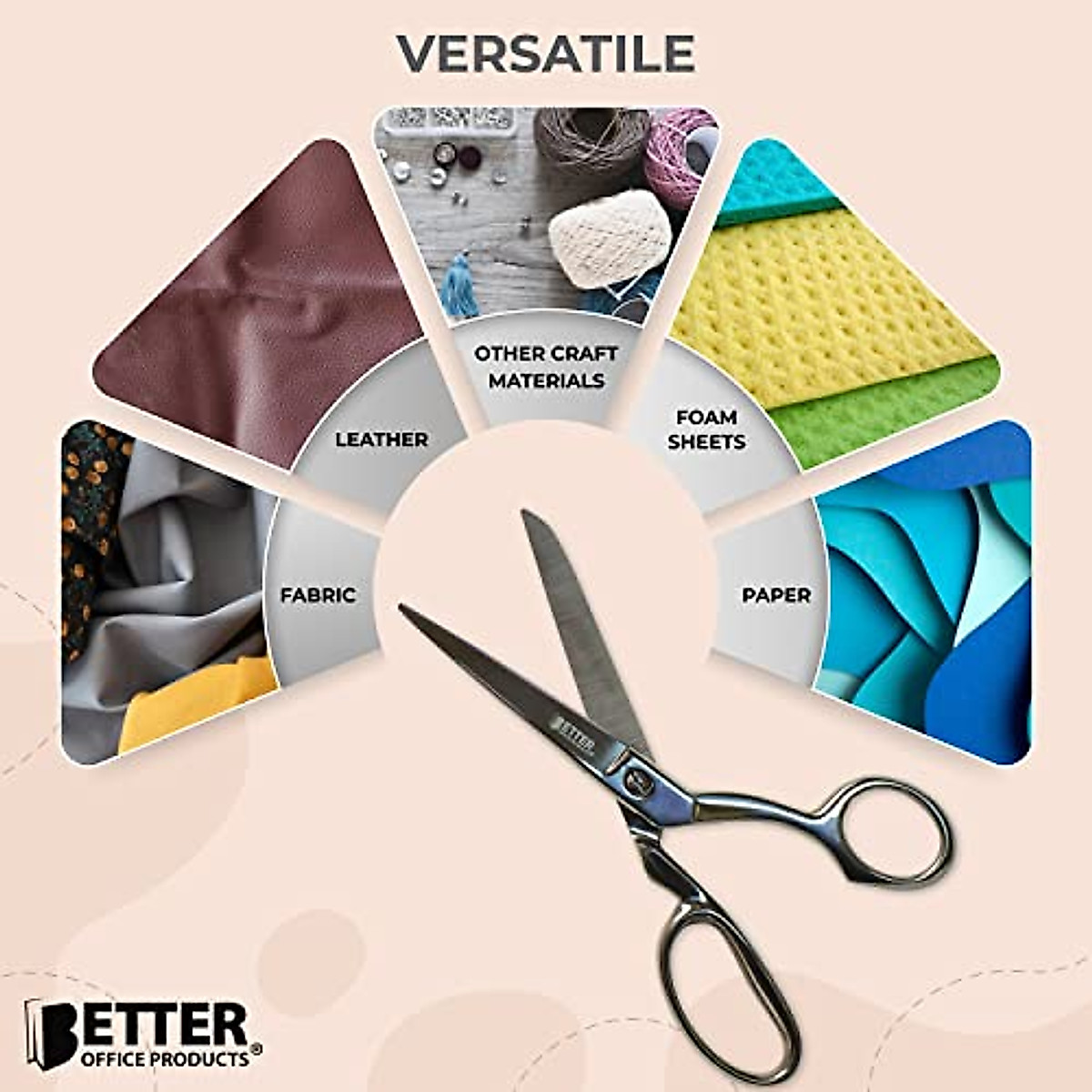 Premium Stainless Steel Sewing Scissors, 8", Ultra Sharp Tailoring Shears, for Dressmaking, Leather Cutting, Fabric, Heavy Duty Fabric Scissors, by Better Office Products