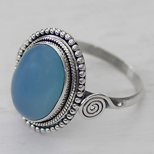 NOVICA Artisan Handmade Chalcedony Cocktail Ring Blue .925 Sterling Silver from India 'Sky Reverie'
