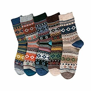 PONPY 5 Pairs Men Wool Socks Thick Knit Vintage Winter Warm Cozy Thermal Socks Gifts for Men Free Size
