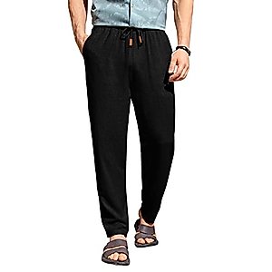 Mens Drawstring Linen Pants Relaxed Fit Elastic Waist Casual Pants Lightweight Yoga Beach Trousers Black
