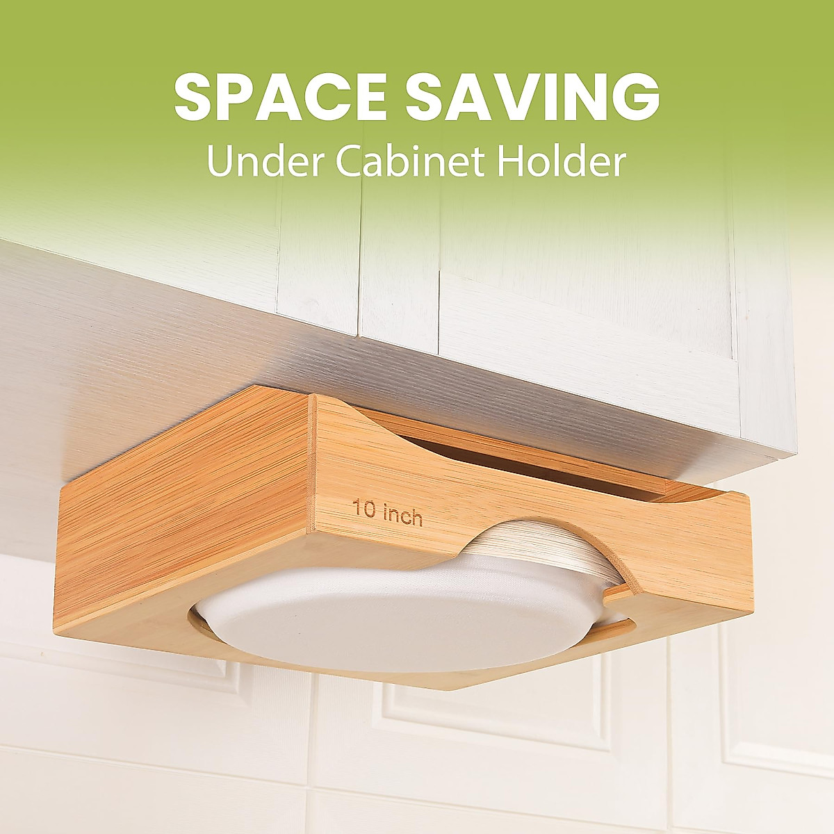 10-inch Paper Plate Dispenser, Bamboo Under Cabinet Paper Plate Holder, Kitchen Countertop Vertical Under Cabinet Plate Rack (For 10-inch Plates, Bamboo)