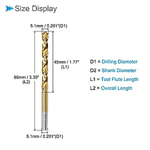 CoCud Twist Drill Bits, 5.1mm Drilling Diameter, Titanium Coated High Speed Steel 6542 Straight Round Shank - (Applications: for Stainless Steel Alloy Metal), 2-Pieces
