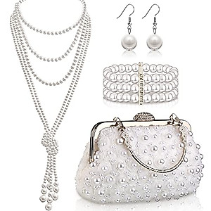 Juinte 4 Pcs 1920s Jewelry Set Include Vintage Pearl Clutch with Chain Faux Pearl Dangle Earring Multi Strands Bracelet and Necklace for Women Girls Wedding Prom Evening Anniversary Party Supplies