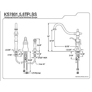 Kingston Brass KS7808TPLBS Templeton Widespread Kitchen Faucet with Brass Sprayer, Satin Nickel,8-Inch Center
