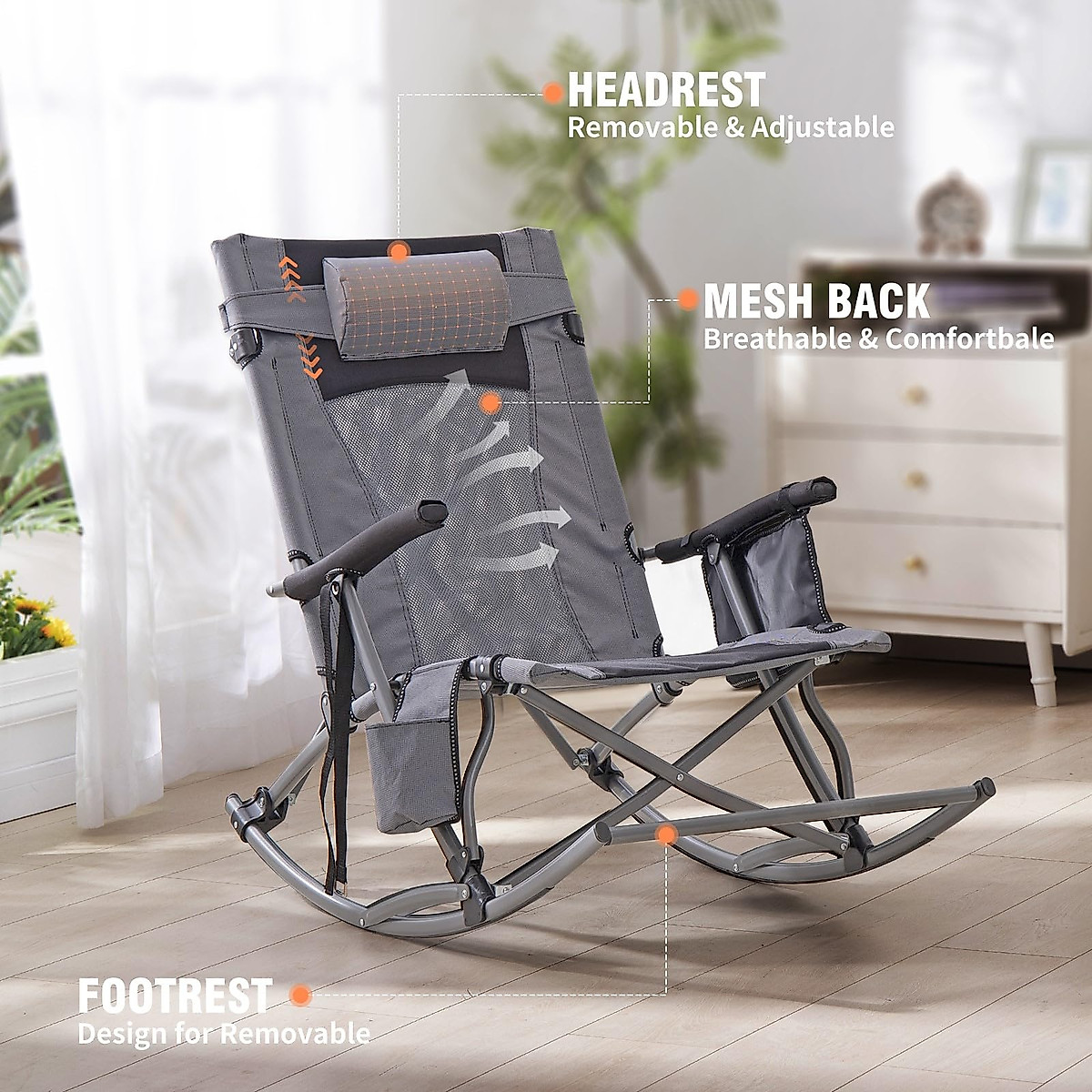 Homcosan Folding Rocking Camping Chair Portable Oversized Padded Rocking Chair with Footrest Folding Chairs for Outside with Pillow for Patio, Garden, Lawn, Supports 400 lbs