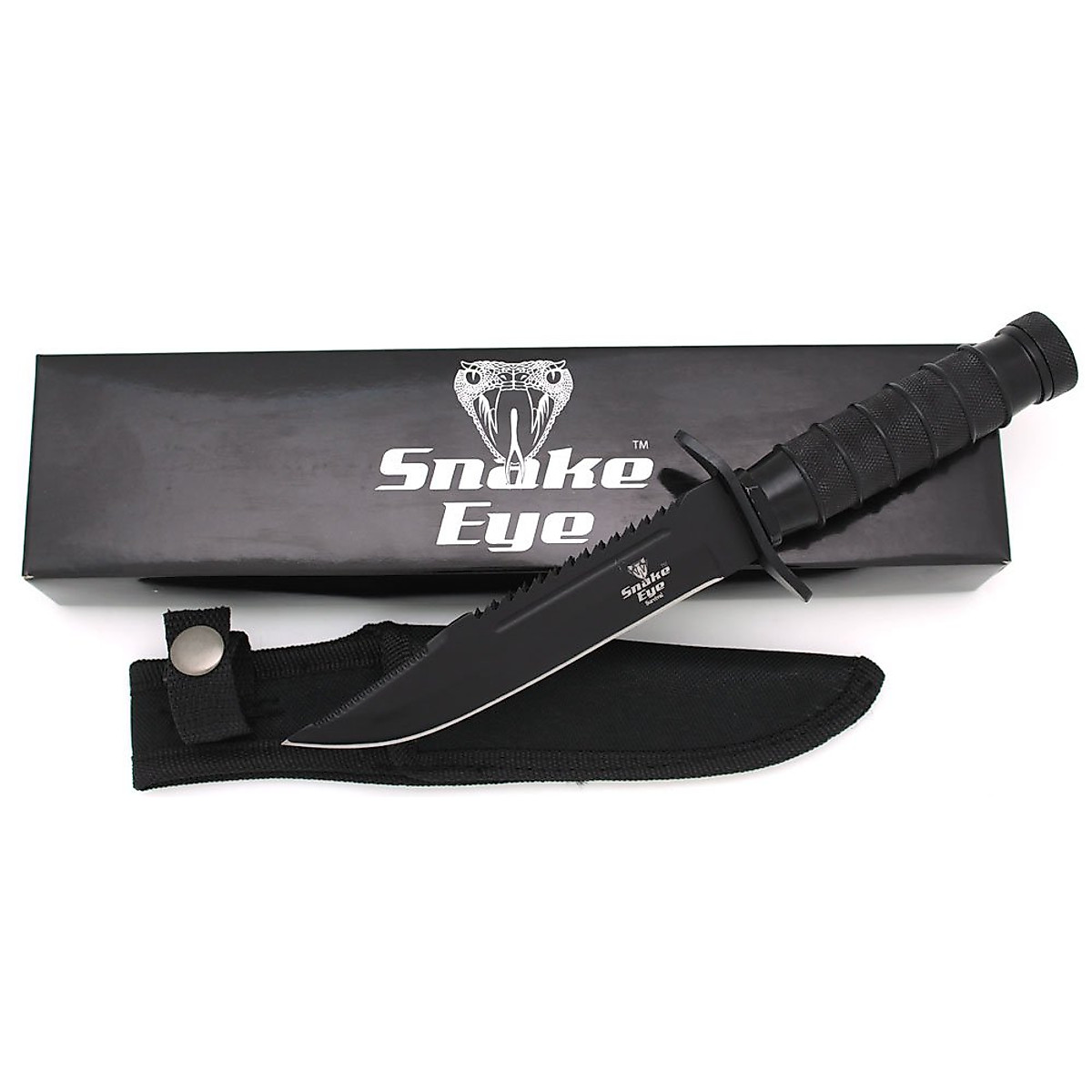 Snake Eye Tactical Fixed Blade Hunting Knife w/Survival Kit & Sheath Camping Fishing Matches Fish hooks Needles Compass (BLACK)