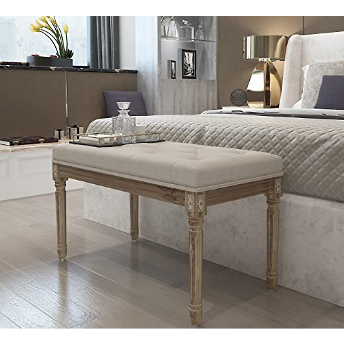Yusong Upholstered Bench,Bedroom Bench for End of Bed,Piano Bench Dining Bench Entryway Shoe Bench with Button Tufted Padded Seat for Living Room, Vanity Bench Foot-Stool with Carved Wood Legs,Beige